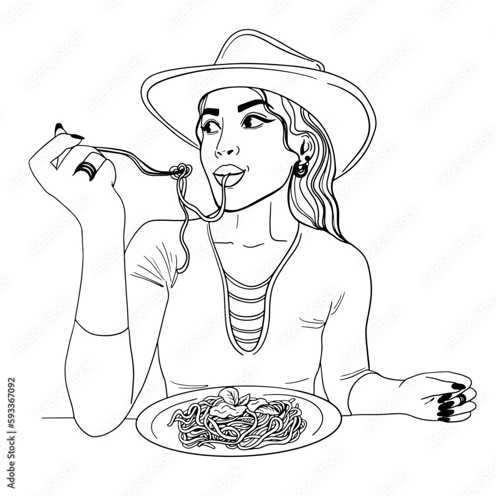 Girl eating pasta illustration. Pretty young woman with plate of ...
