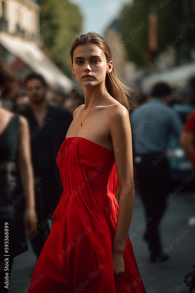 Candid photo, paparazzi style, French supermodel, 18 years old, red ...
