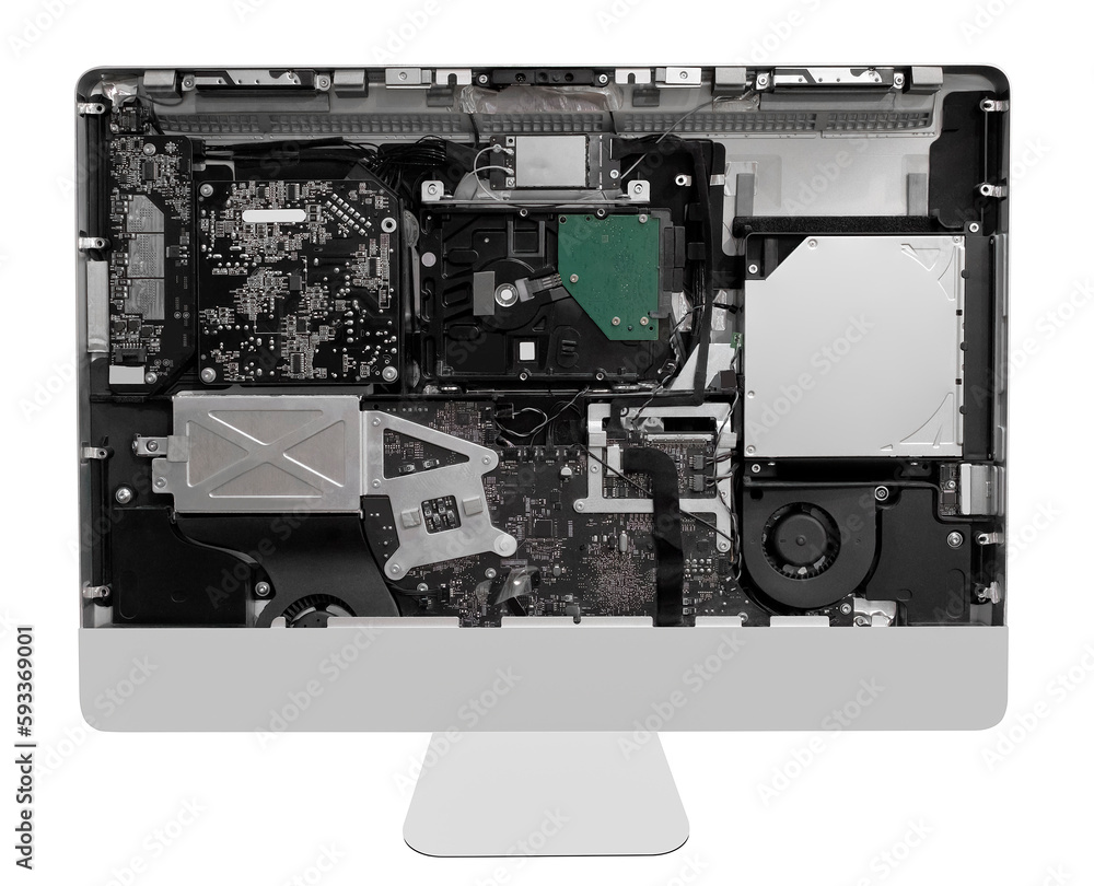 White monoblock computer disassembled without a matrix, the internal ...