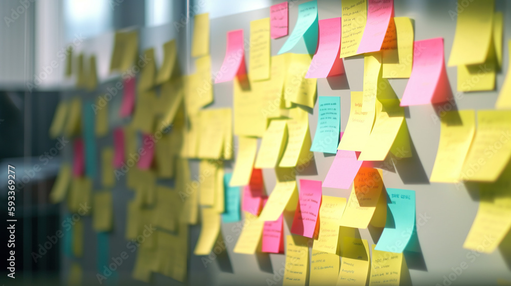 Yellow, blue and pink post-its on a whiteboard, generative ai Stock ...