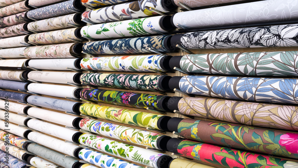 Samples of different wallpapers on store window racks, Various textures ...