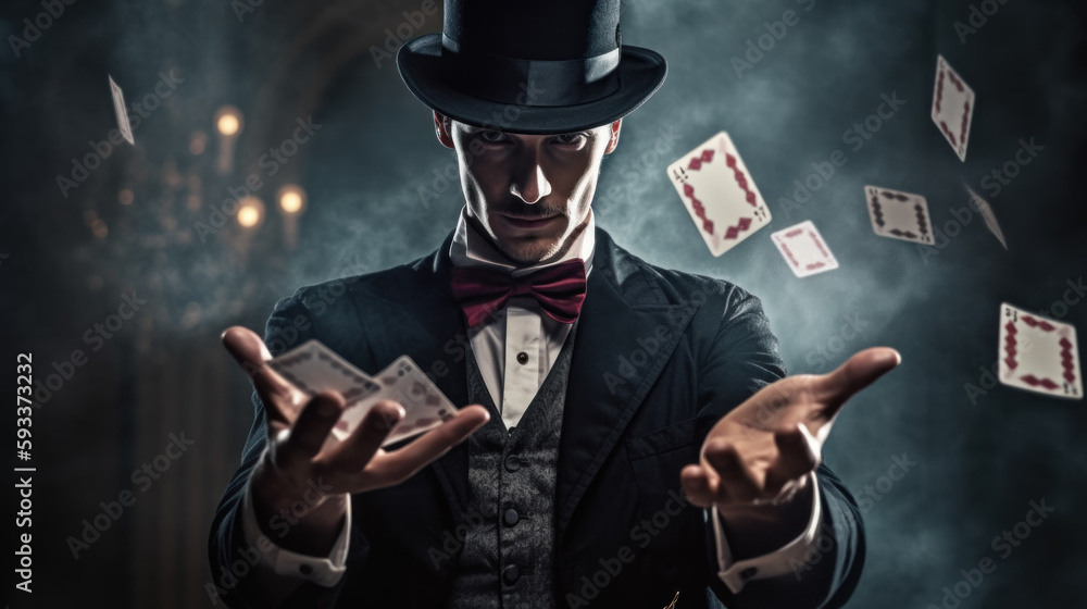 Magician with cards on black background created with generative AI ...