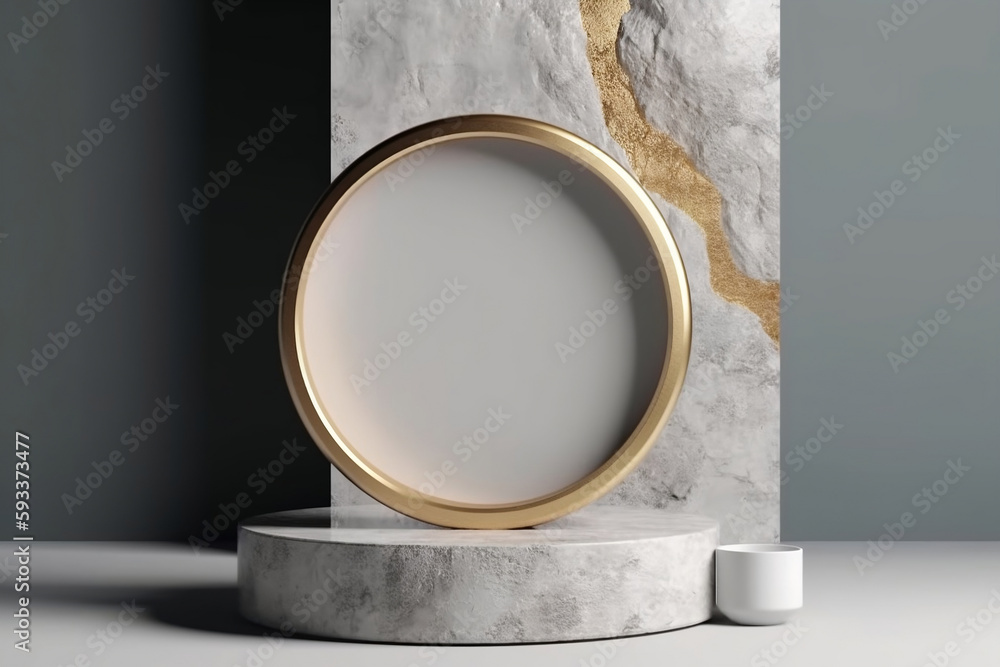 A 3D stone podium with a round gold-rimmed frame showcases a beauty ...