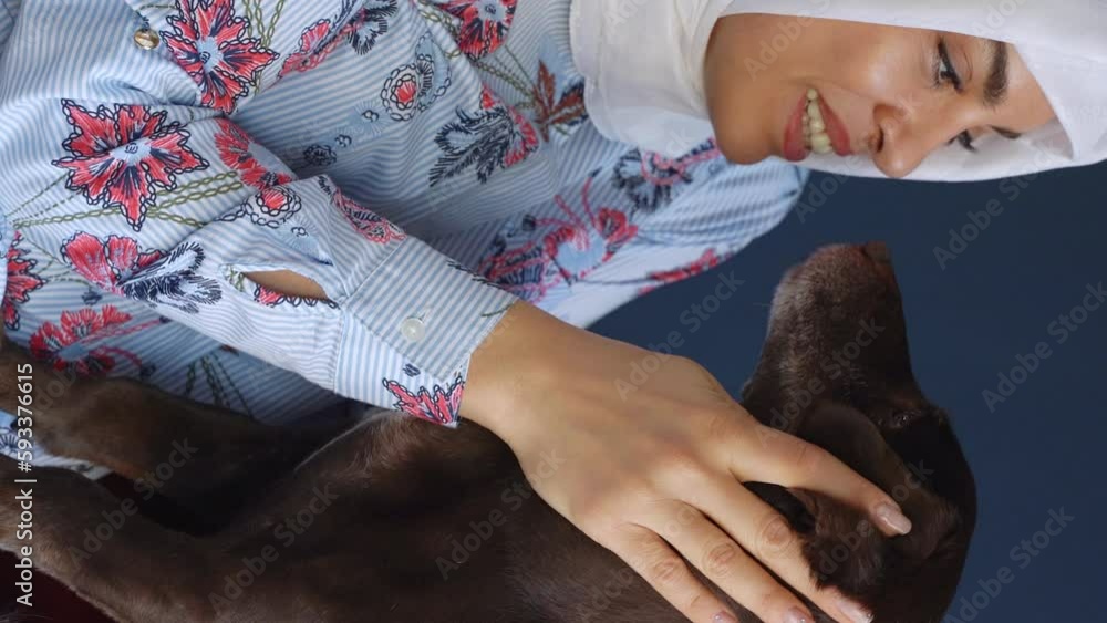 Arabian Muslim Hijab Woman Play Stroking Her Favorite Pet Dog Dachshund ...