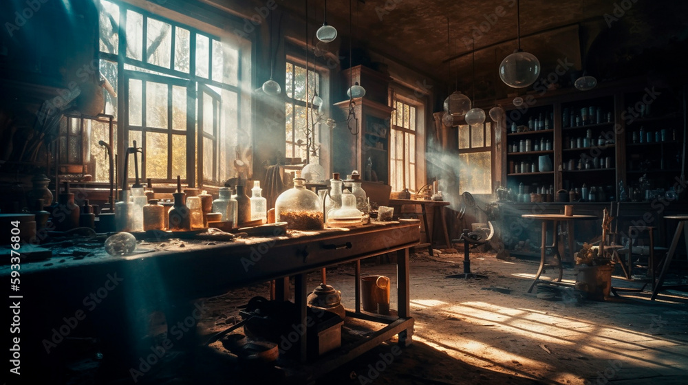 Ancient chemists laboratory with mysterious objects and experiments ...