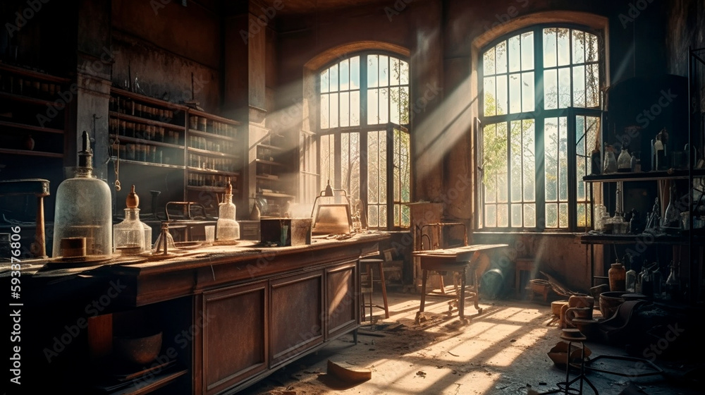 Ancient chemists laboratory with mysterious objects and experiments ...