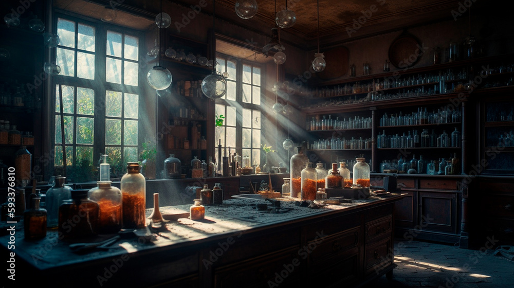 Ancient chemists laboratory with mysterious objects and experiments ...