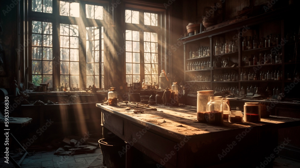 Ancient chemists laboratory with mysterious objects and experiments ...