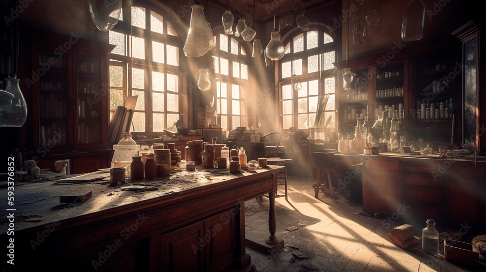 Ancient chemists laboratory with mysterious objects and experiments ...