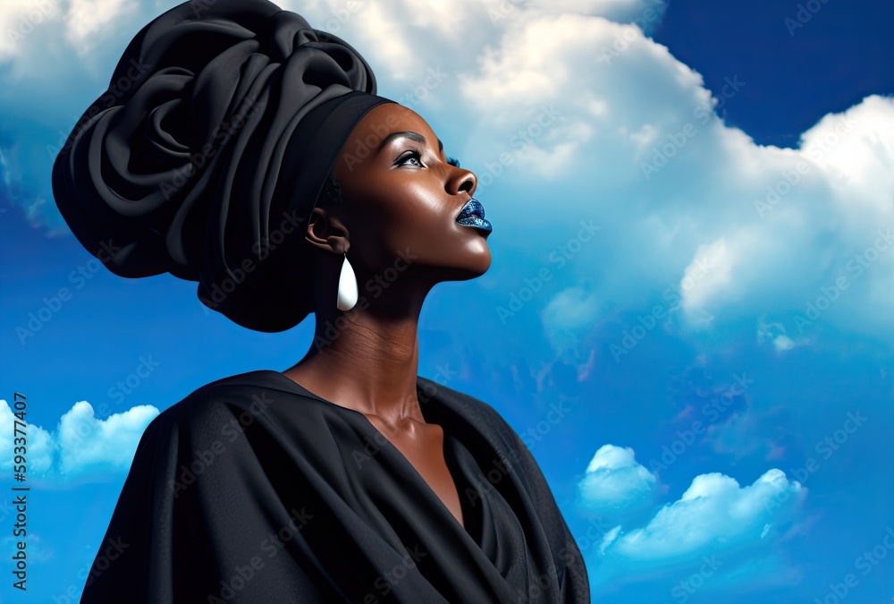 African Beauty Queen: Stunning Portrait Against Vibrant Sky Background ...