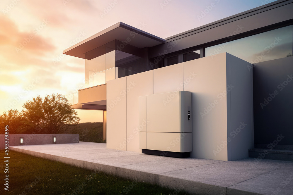 Tesla home battery with modern house in the background. Contemporary ...