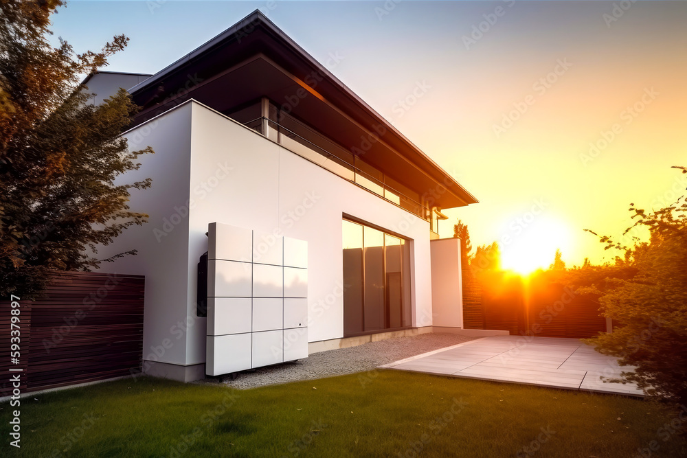 Home battery with modern house in the background. Contemporary ...