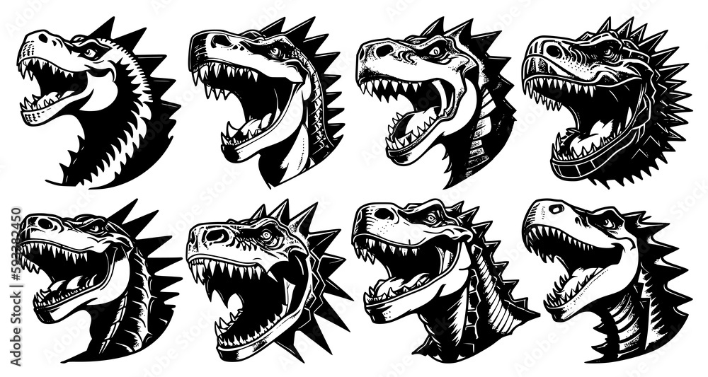 Set of dinosaur heads with open mouth and bared fangs, with different ...