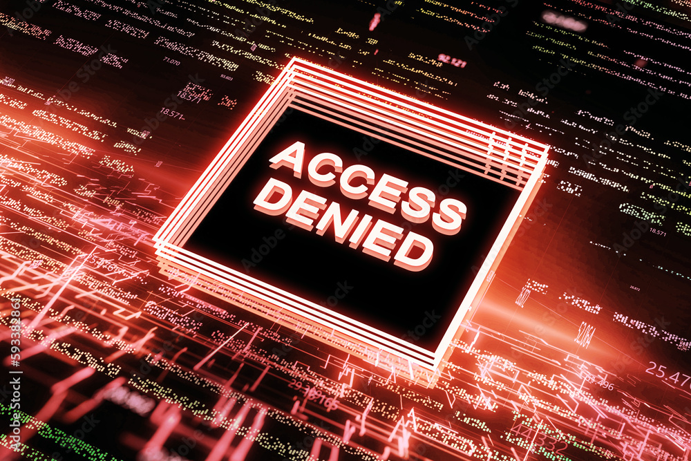 Abstract chip with text on blurry red tech background. Access denied ...