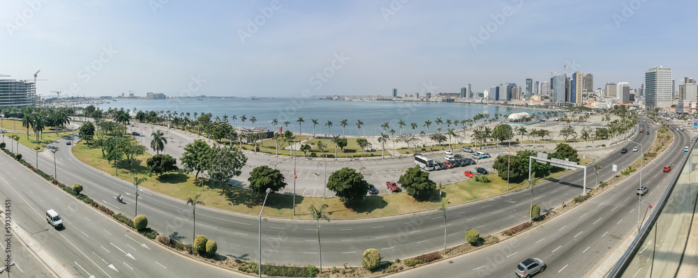 Aerial view of downtown Luanda, bay , Cabo Island and Port of Luanda ...