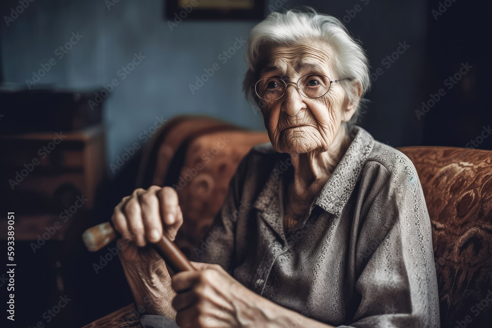 Elderly woman with walking stick at home. Retired woman with her wooden ...