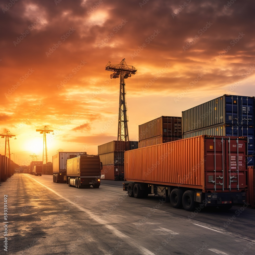 Container Cargo Freight Ship At An Industrial Port Trucks Cargo