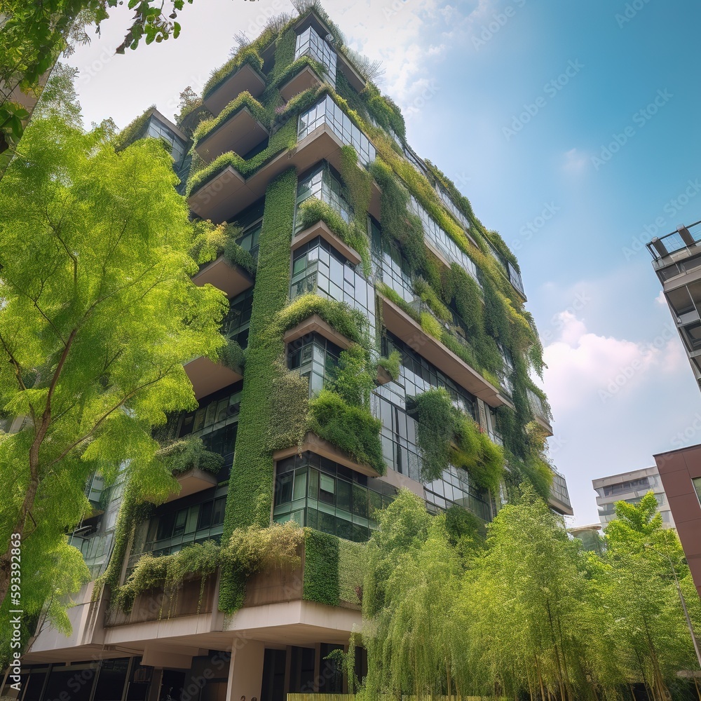 eco friendly building with vertical garden in modern city. Green tree ...