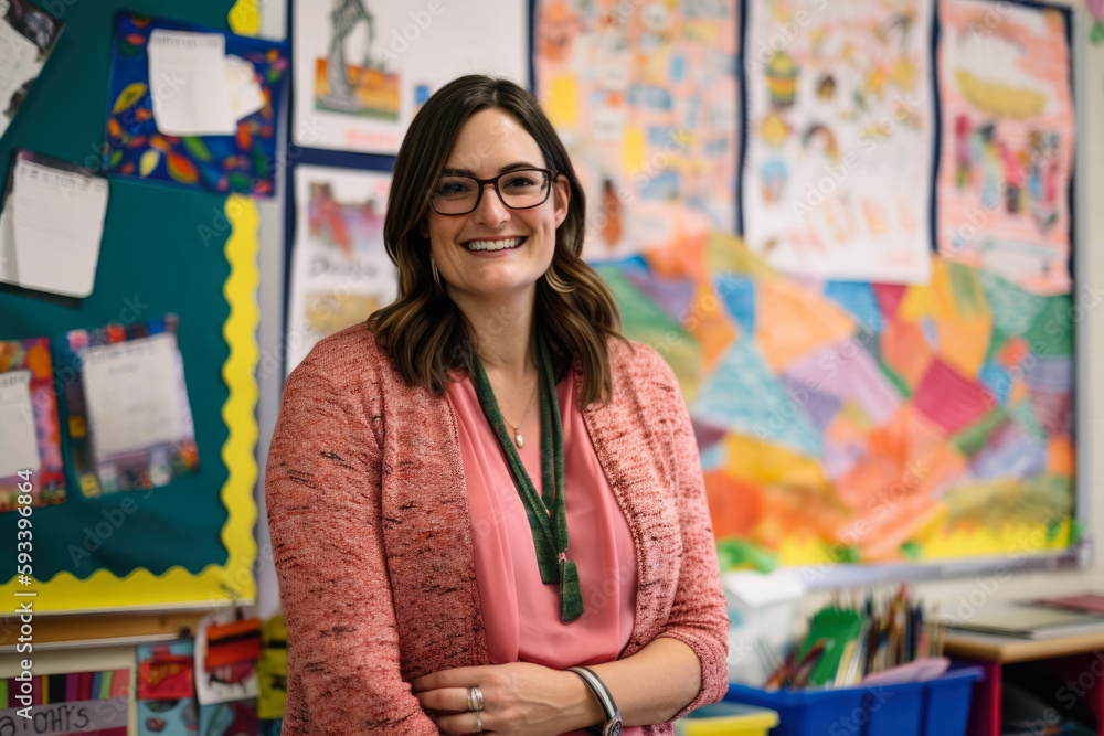 friendly and approachable female teacher in a colorful classroom ...