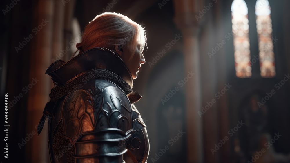 Female knight praying in a cathedral, medieval, background, AI ...