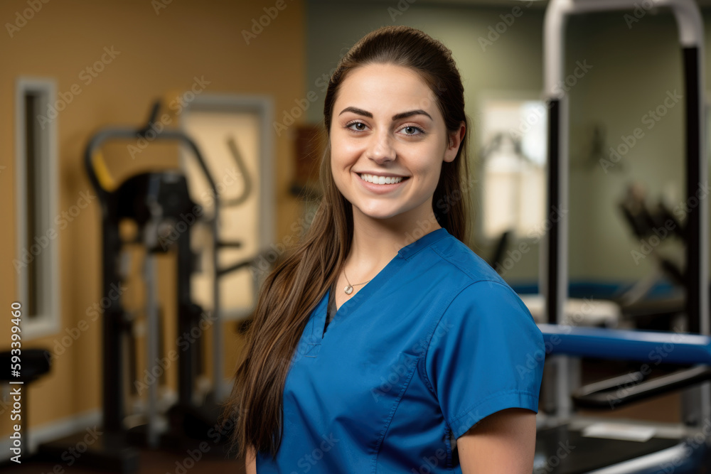 Smiling portrait of a young Physical Therapy Assistant wearing blue ...