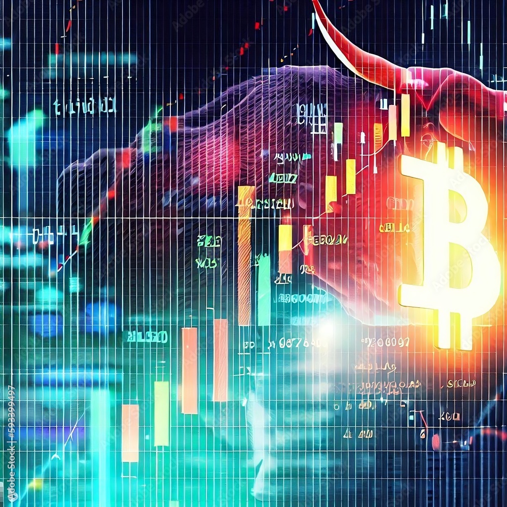 Stock Market Trading Chart with Bull, Bitcoin, $, € and Bear Symbols ...