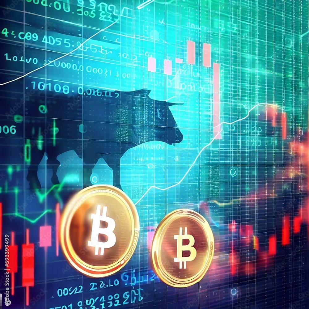 Stock Market Trading Chart with Bull, Bitcoin, $, € and Bear Symbols ...