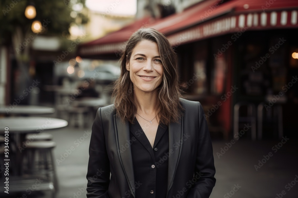 Full-length portrait photography of a grinning woman in her 40s wearing ...