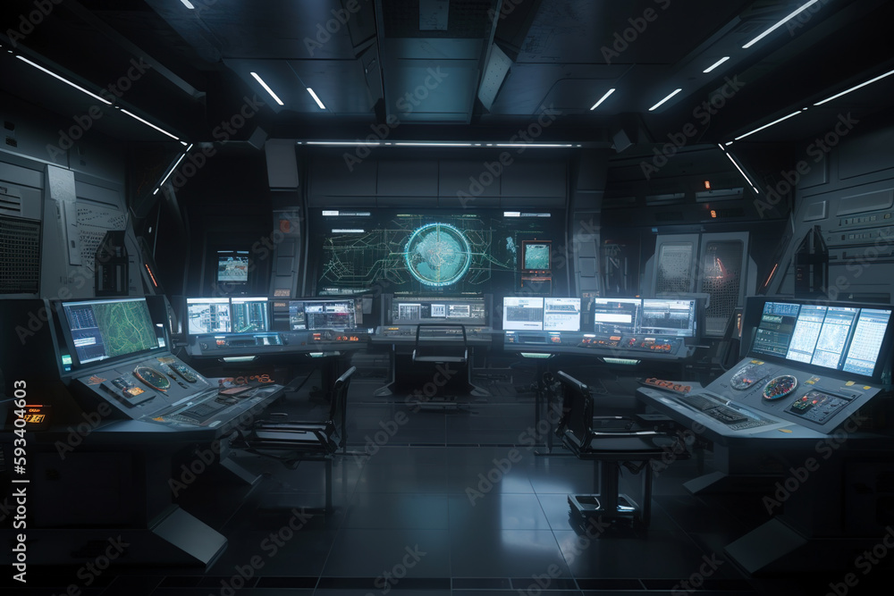 ภาพประกอบสต็อก Control room with screens and computers, interior of ...