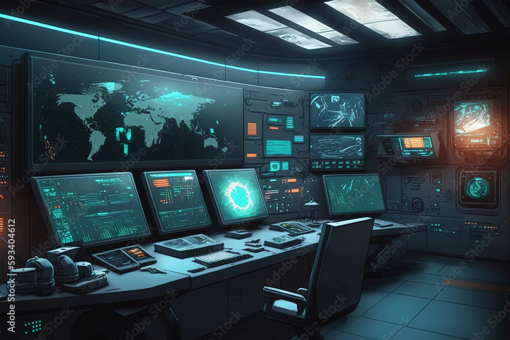 Control room with screens and computers, interior of command center ...