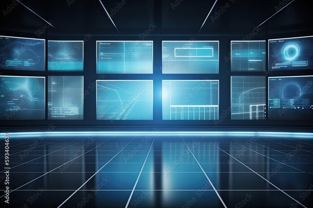 high-tech control room with multiple screens displaying data ...