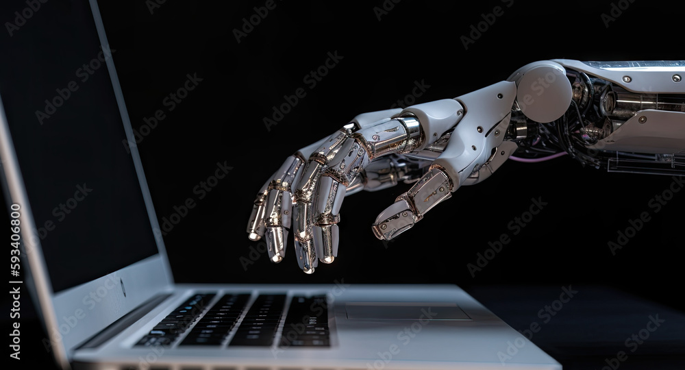 One arm of an artificial intelligence hand Infront of a laptop computer ...