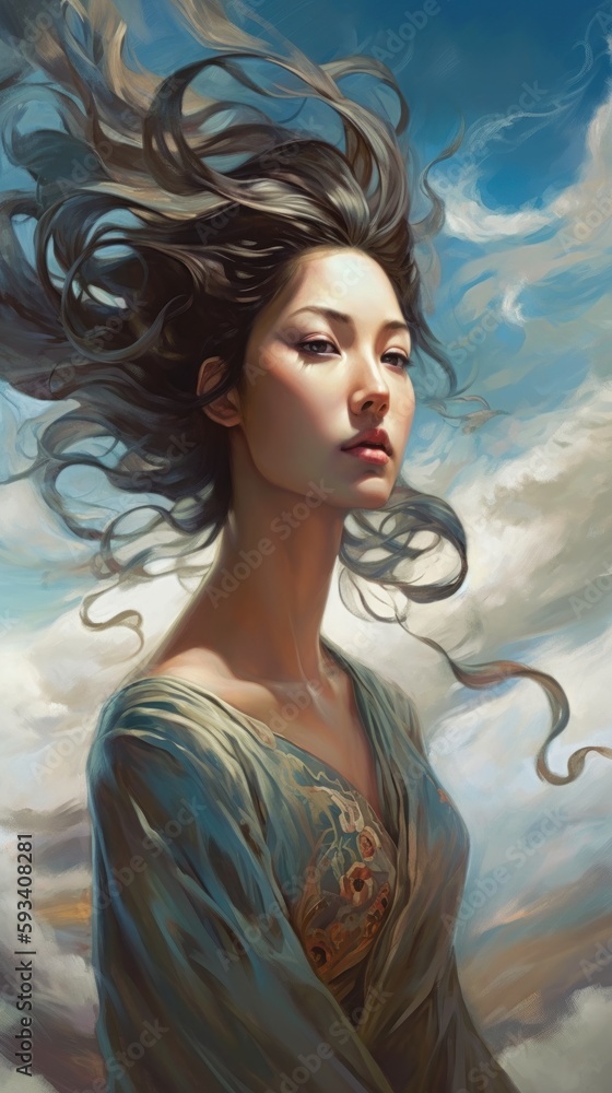 woman hair blowing wind long flying air swirling clouds pensive hopeful ...