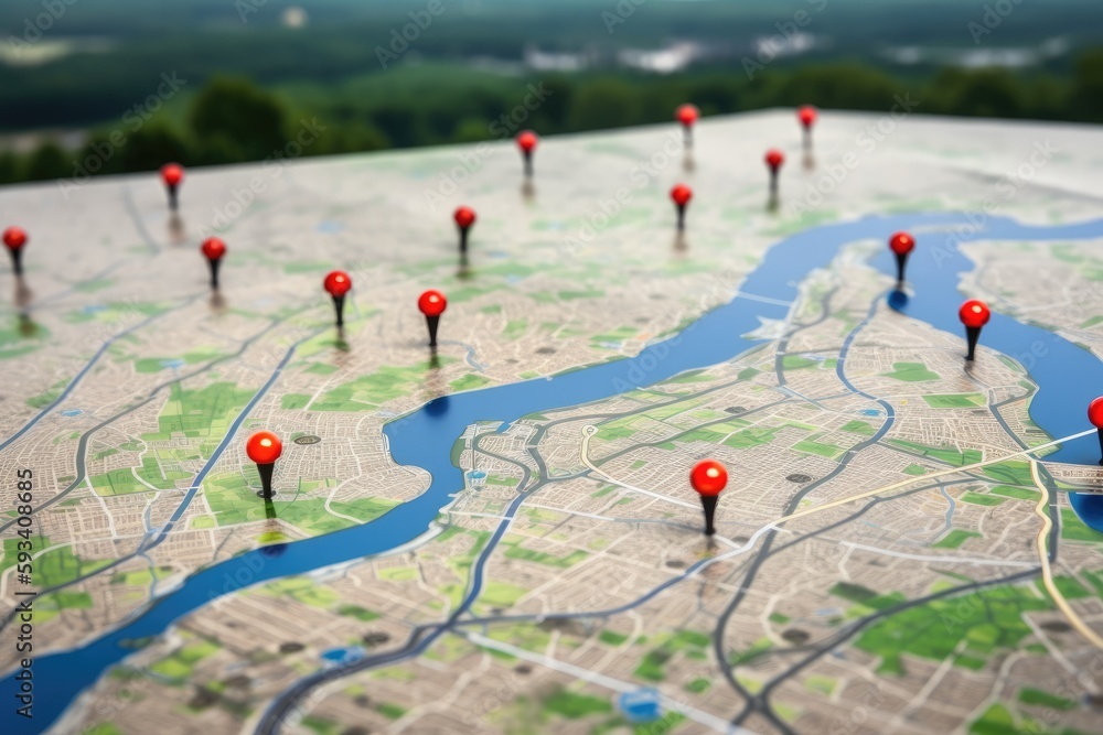 map with multiple red pins indicating locations in the city. Generative ...