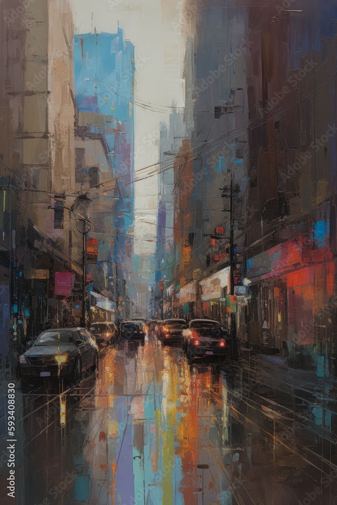 abstract city street cars buildings rainy day north stunning light tall ...