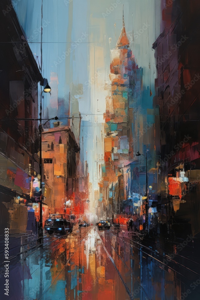 abstract city street clock tower distance oil artistic sold out piece ...