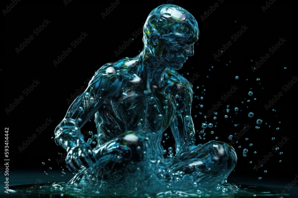 Human body shape of a running man filled with blue water, wellness ...