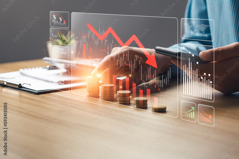 Economic collapse concept, businessman with falling financial graph ...