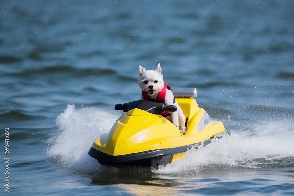 cute little white dog riding a yellow jet ski, Generative AI Stock ...