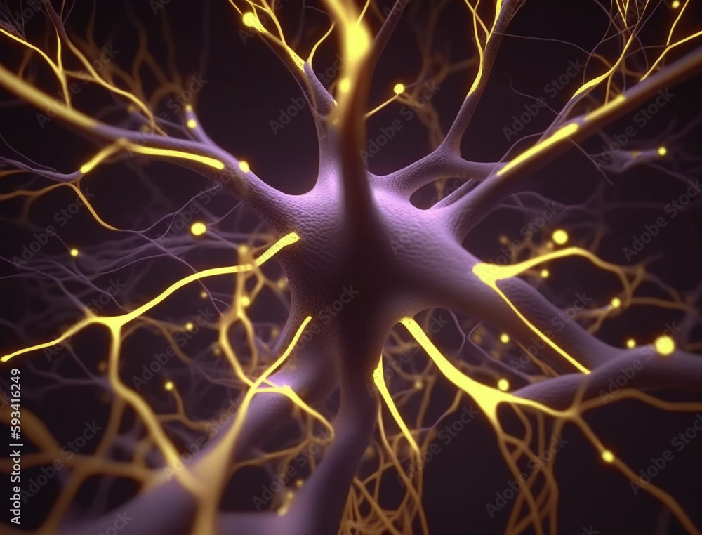 Conceptual illustration of neuron cells with glowing link knots. Blue ...