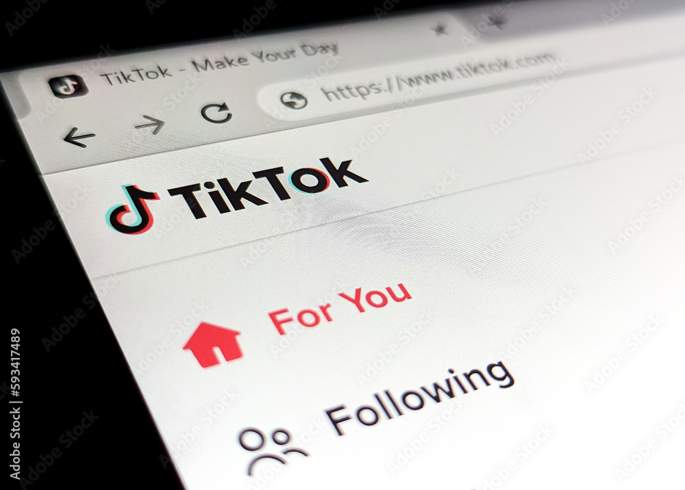 Tiktok social media website homepage is displayed in a web browser on a ...