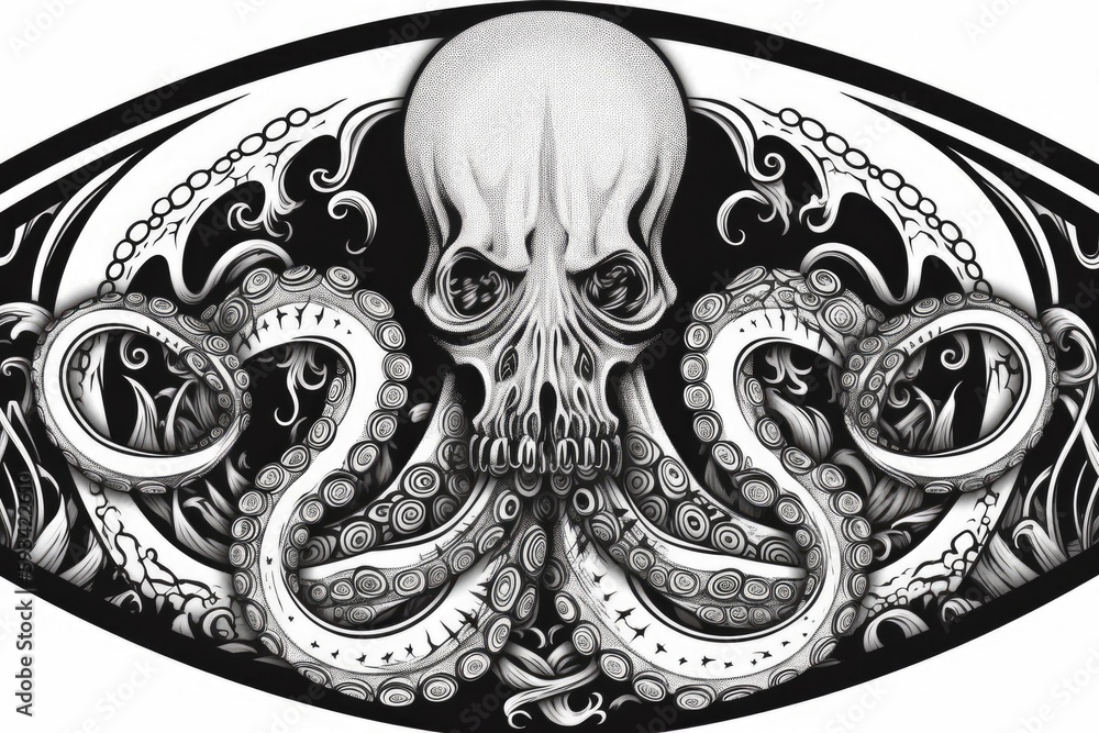 an octopus wrapped around a skull in a black and white drawing ...