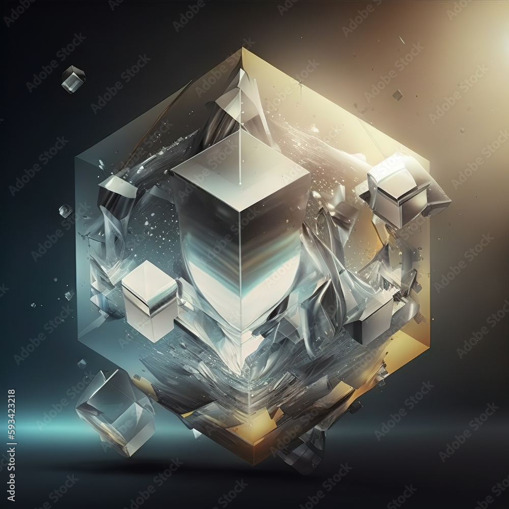 Modern digital abstract art of glassy geometric transparent cubic shape ...