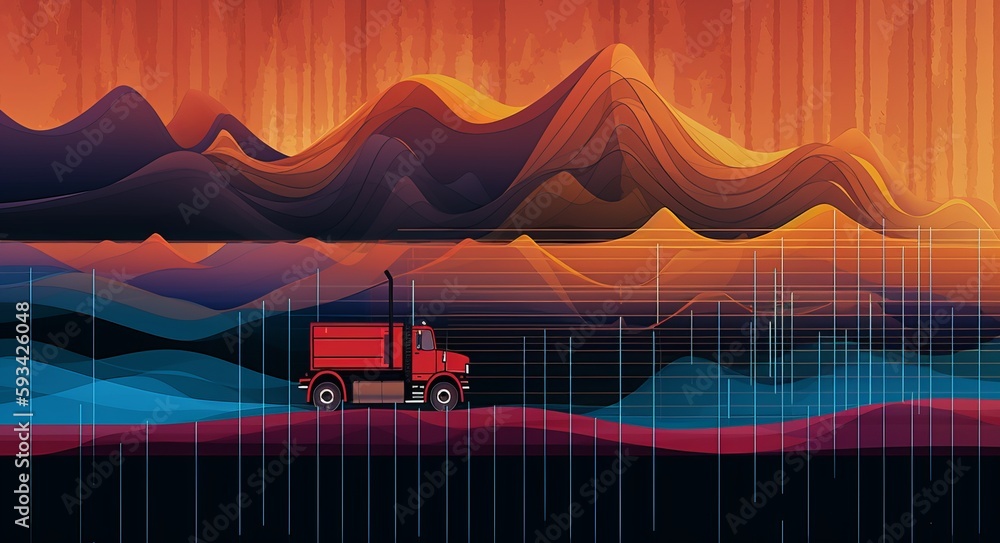 Futuristic Chromatic Waves with Drayco Truck on River and Bar Charts ...