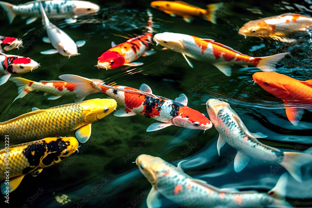 Colorful koi fish. Generative AI. Koi fish swim in clear water. A flock ...