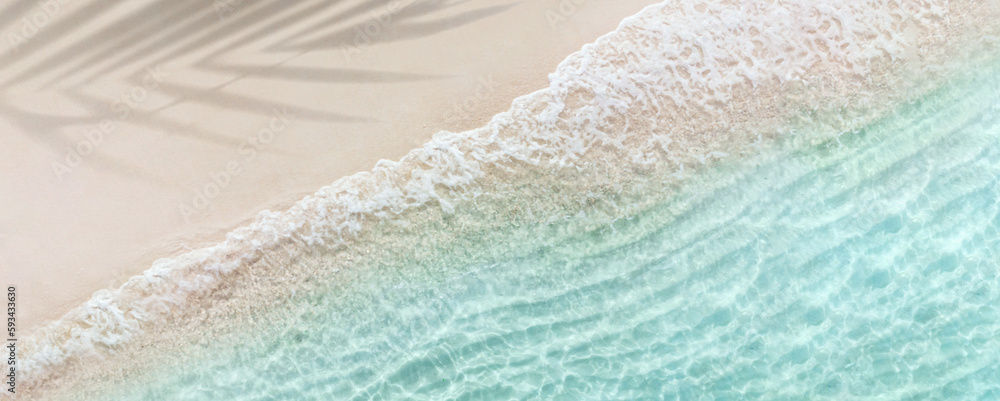 Aerial top view of beautiful tropical white sand beach with wave foam ...