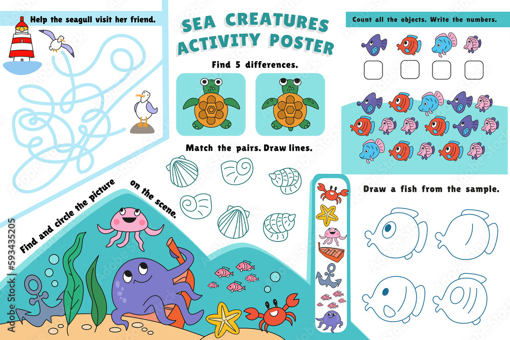 Sea creature activity poster. Connect pairs, maze, find differences ...