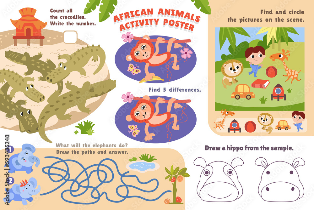 African animals activity poster. Connect pairs, maze, find differences ...