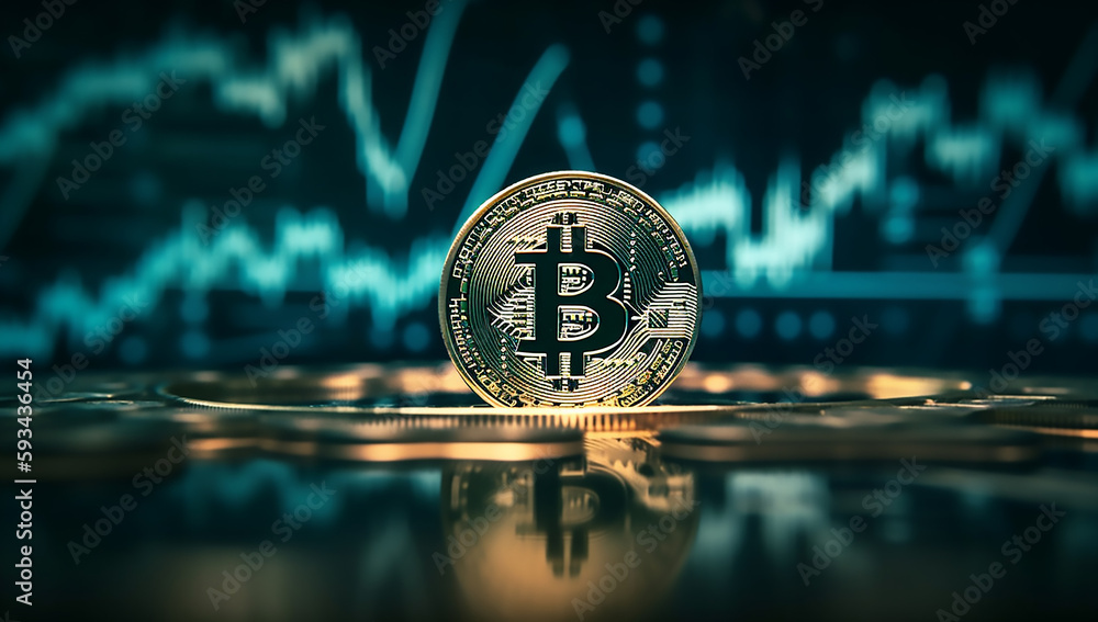 Investing in the future: Golden bitcoins with letter B and candlestick ...