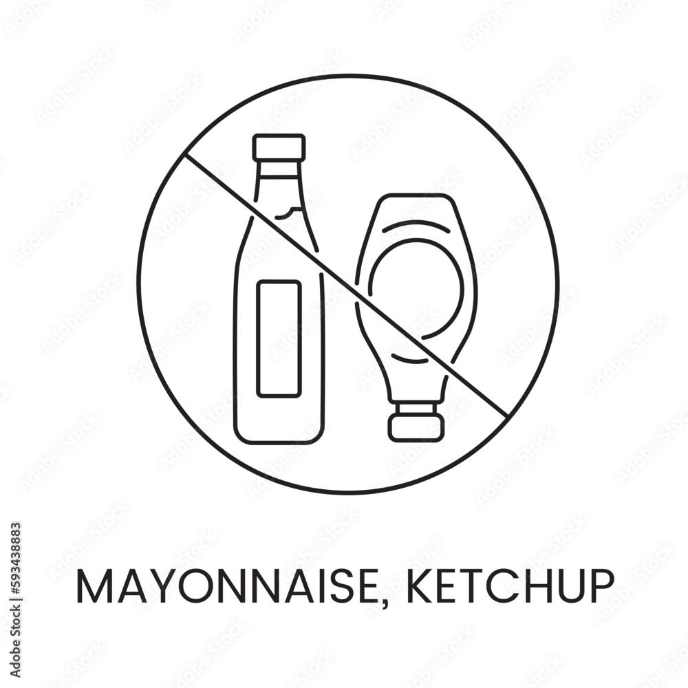 Mayonnaise and ketchup, harmful and forbidden food in a diet, line icon ...